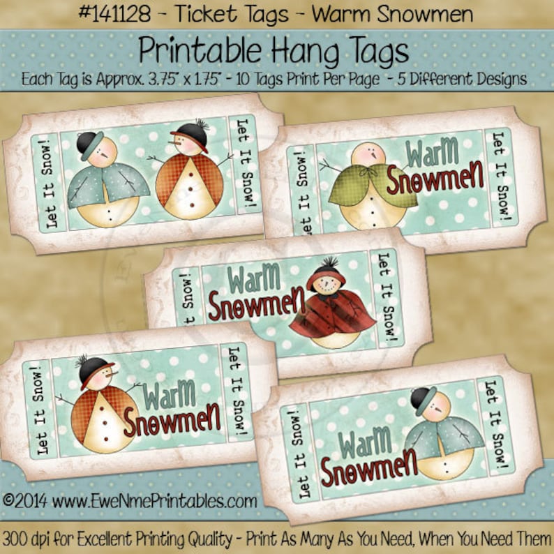 Snowman Tags Ticket Shaped Printable Hang Tags or Labels | Etsy