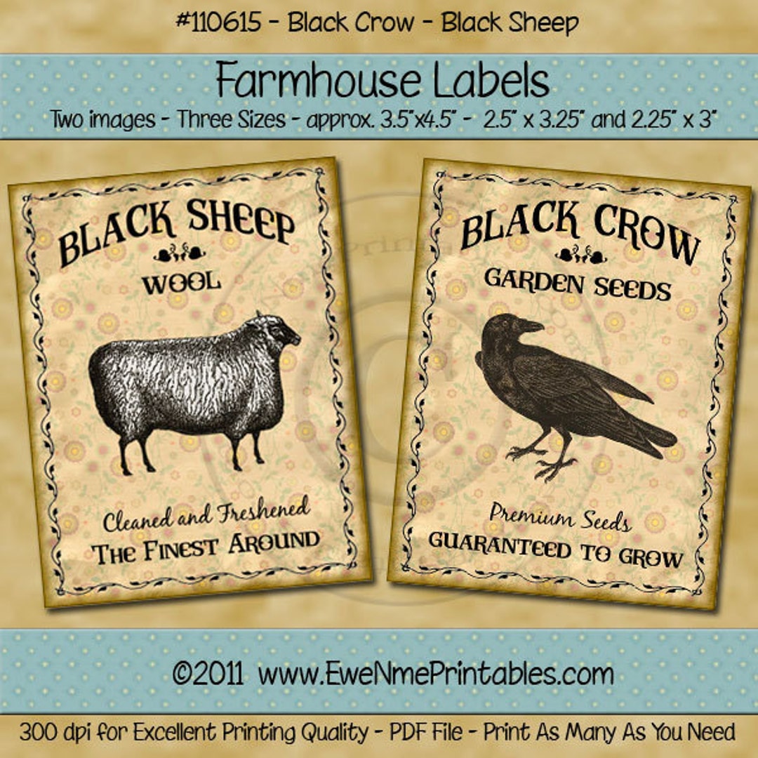 Black Sheep Black Crow Primitive Farmhouse Label Printables - Rustic ...