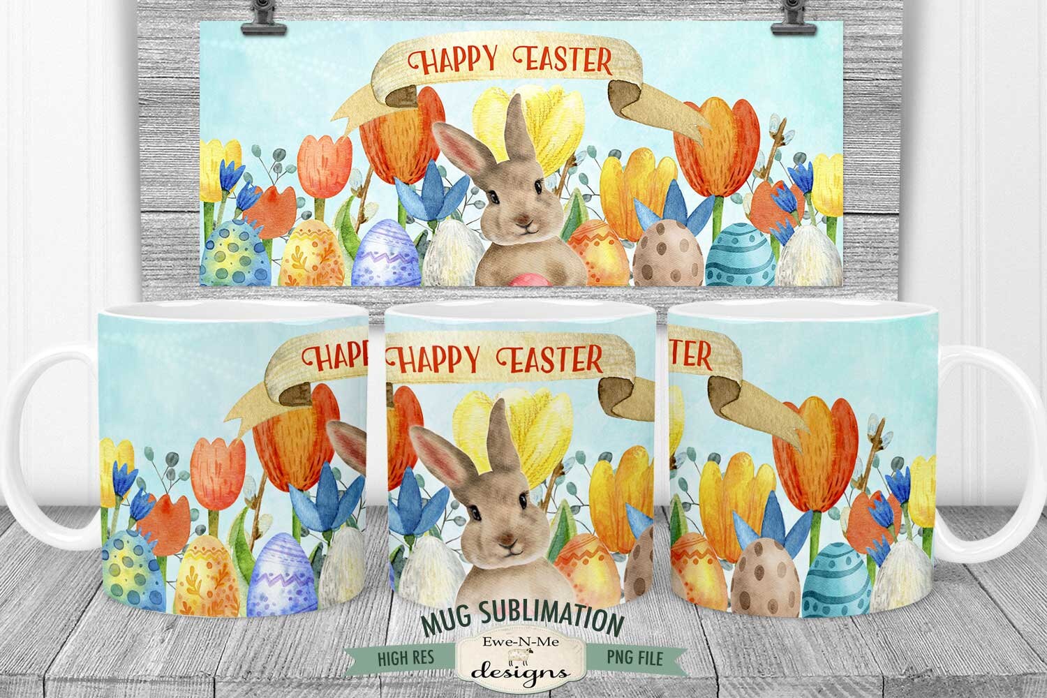 Easter Sublimation Mug Design - Bunny with Eggs Tulips - Printable 11 ...