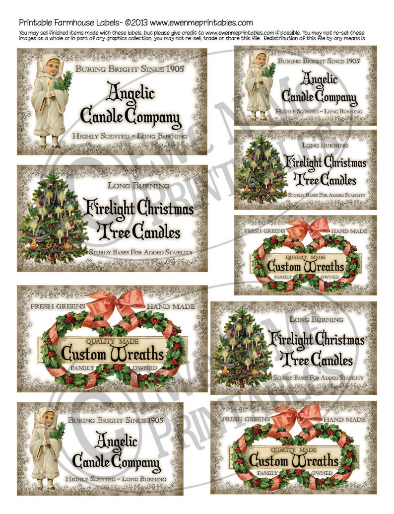 Christmas Wreath Rustic Farmhouse Label Printables Angelic - Etsy