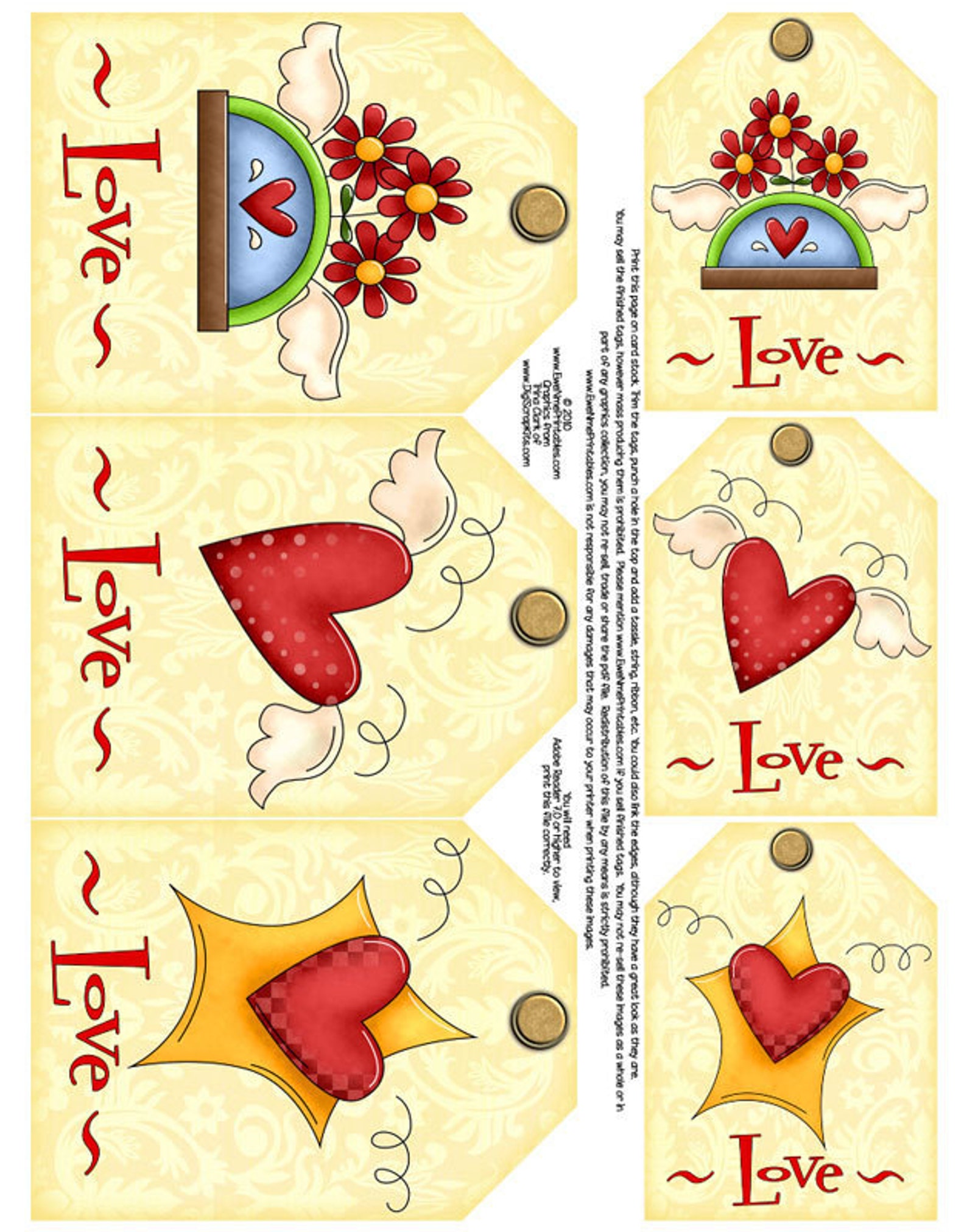 Love Heart Printable Hang Tags Wirh Angel Wings, Flowers and Stars ...