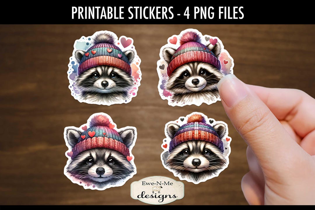 Raccoons in Valentine Hats Printable Stickers | 4 Raccoons Heart PNG ...