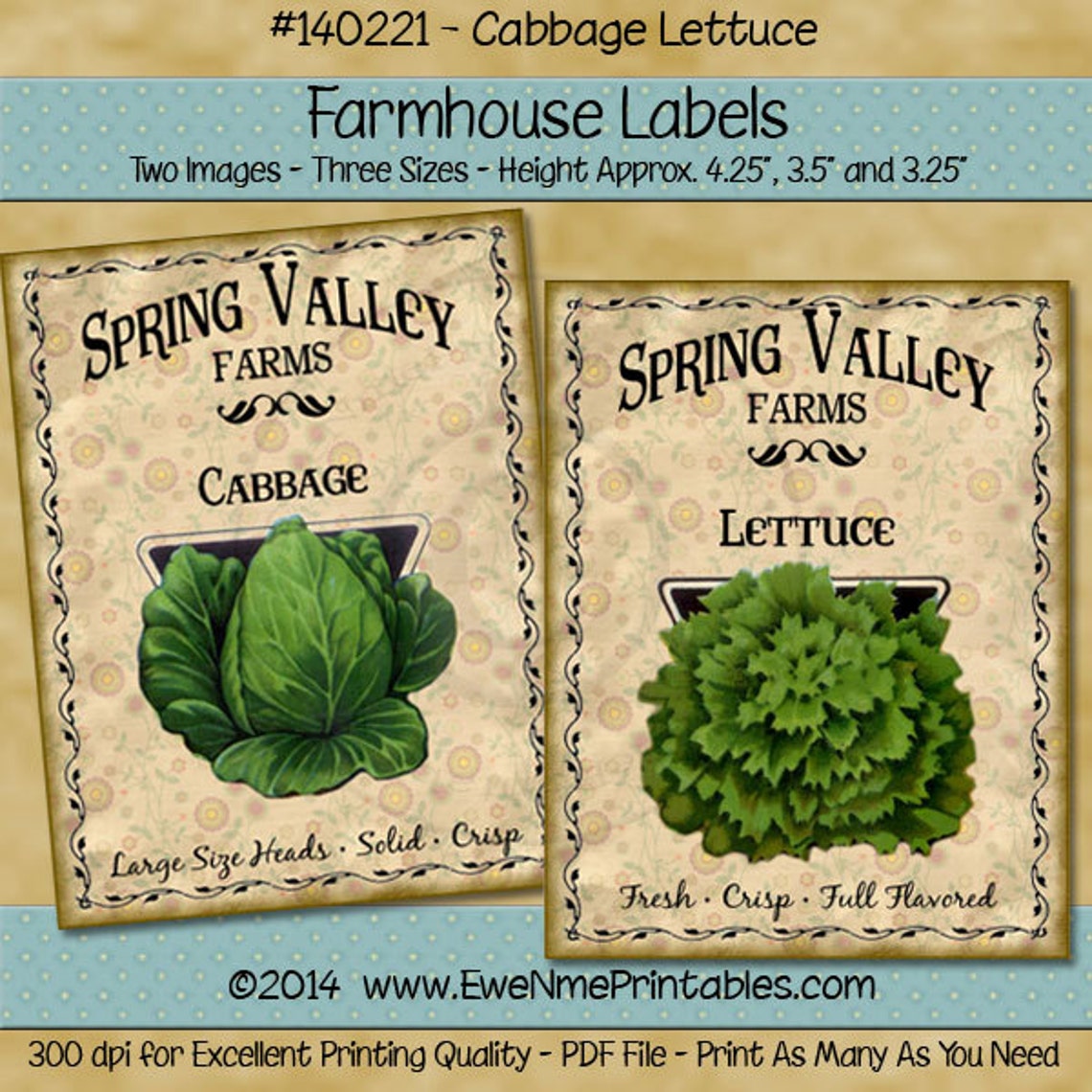 Primitive Cabbage Lettuce Printable Farmhouse Labels Seed | Etsy