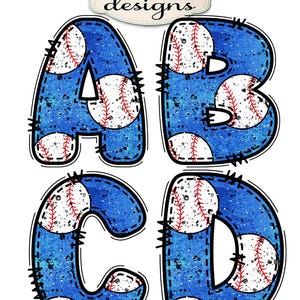 Blue Baseball Doodle Alphabet & Numbers | 36 PNG Files | Individual ...