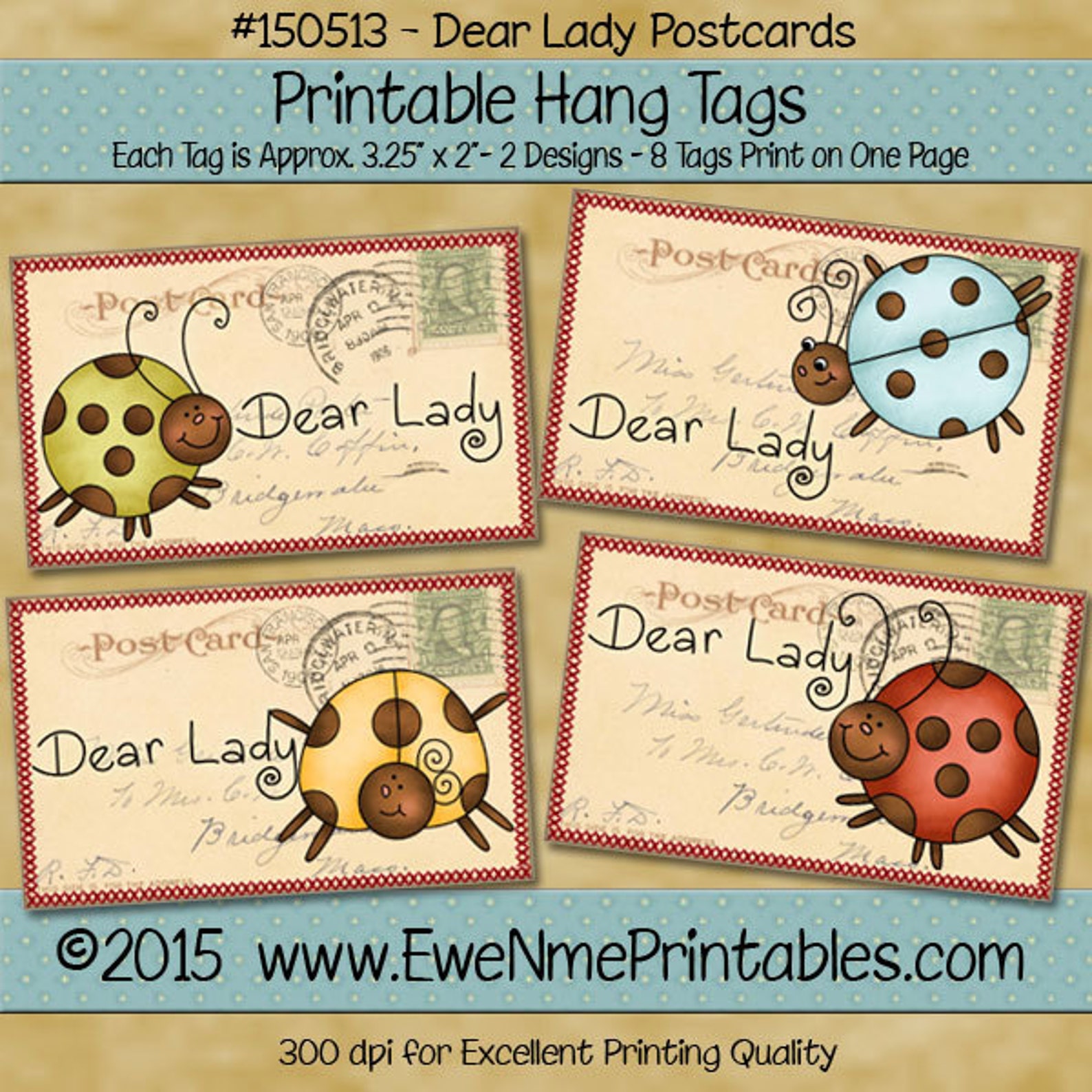 Printable Ladybug Tags With Vintage Postcard Background - Etsy