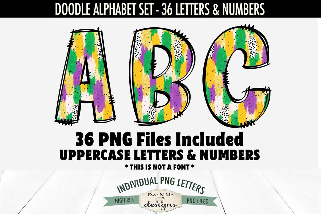 Mardi Gras Doodle Alphabet & Numbers | 36 PNG Files | Individual ...
