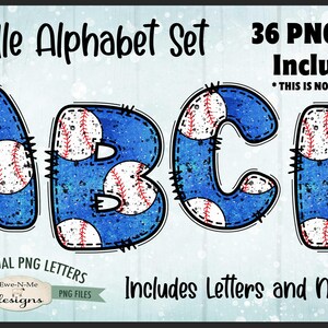 Blue Baseball Doodle Alphabet & Numbers | 36 PNG Files | Individual ...