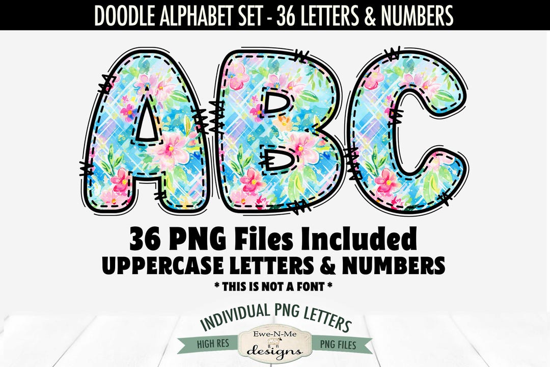 Spring Floral and Plaid Doodle Alphabet & Numbers | 36 PNG Files ...
