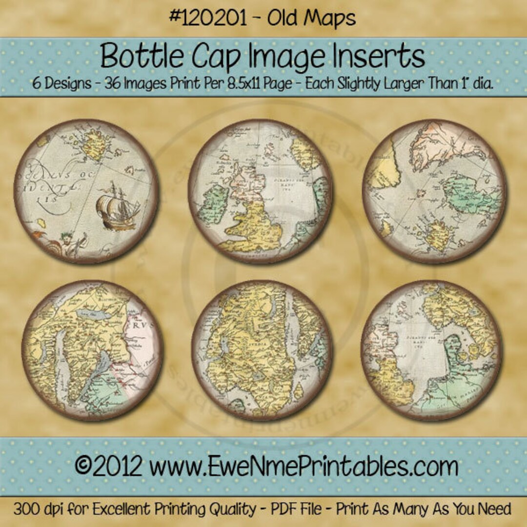 Old Maps Bottle Cap Image Inserts - Printable 1 Inch Round Graphics for ...