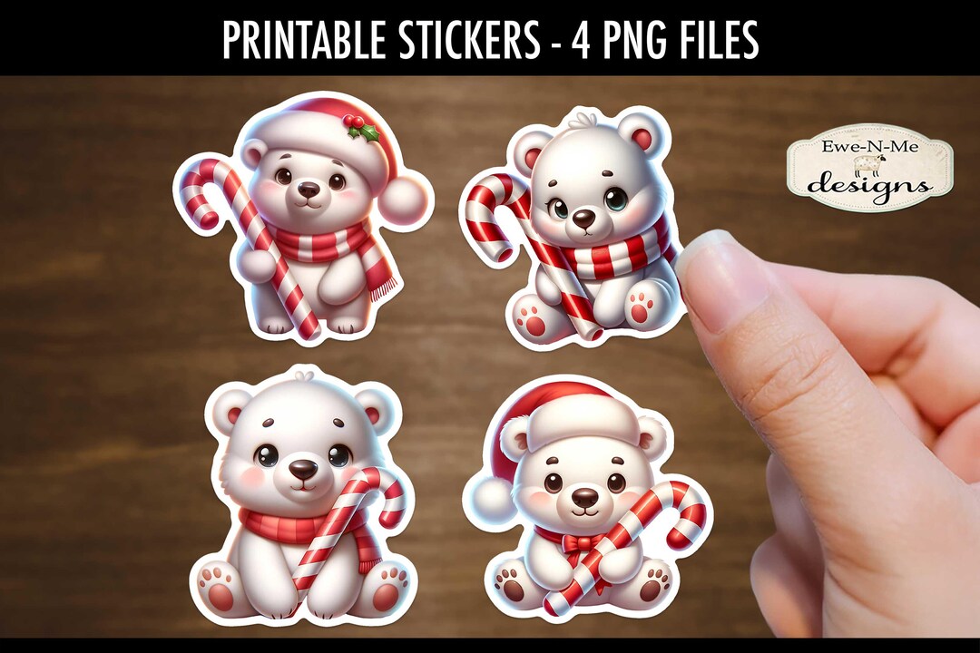 Polar Bears & Candy Canes Printable Stickers | 4 Polar Bear PNG ...