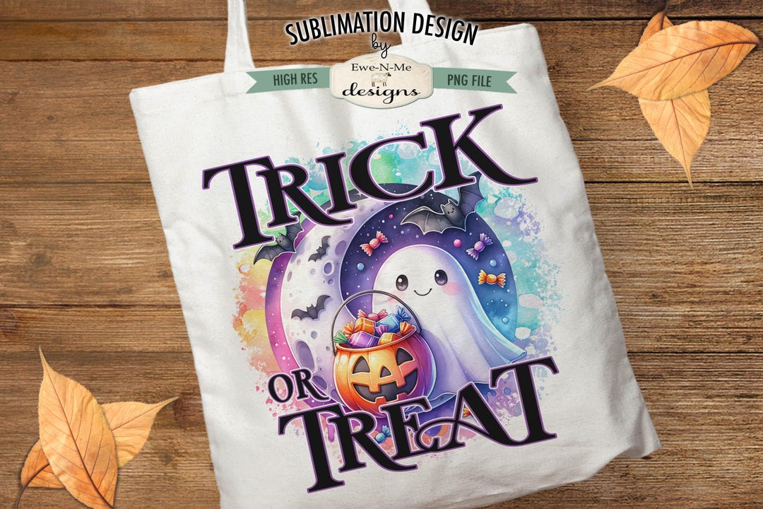 Trick or Treat Cute Ghost Sublimation Design | Halloween Tote Bag ...