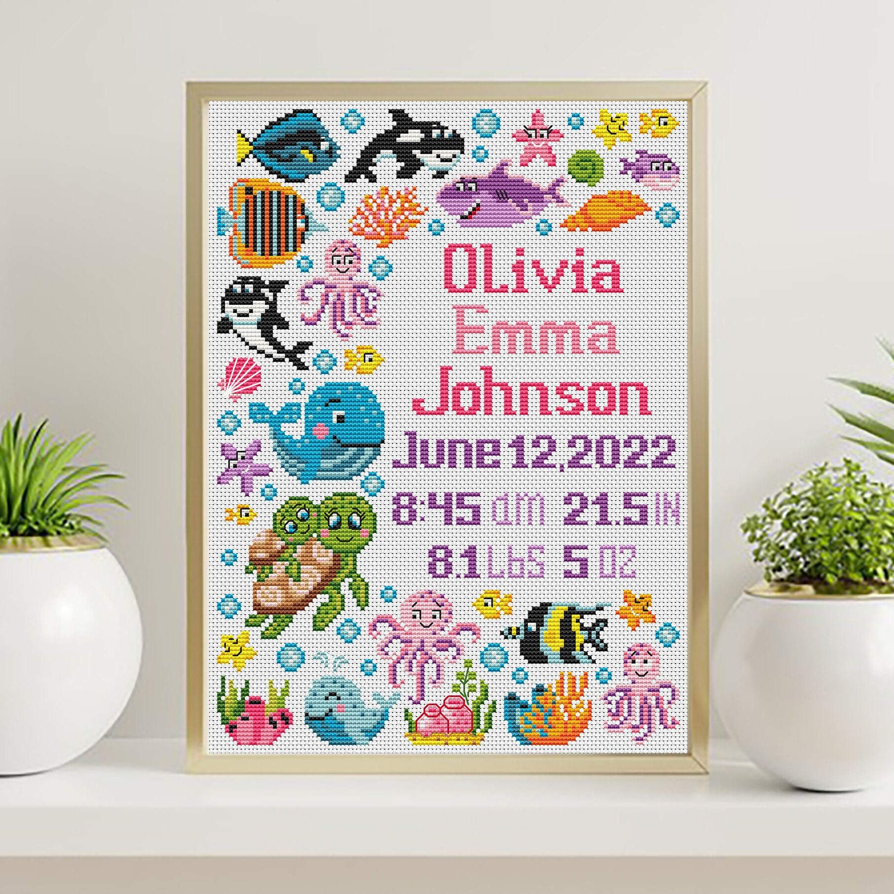 Sea Animals Birth Announcement Cross Stitch Pattern Pdf #165 Baby ...
