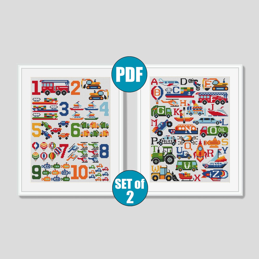 Set of 2 Cars Alphabet and Numbers Cross Stitch Pattern Pdf #50 and #51 ...
