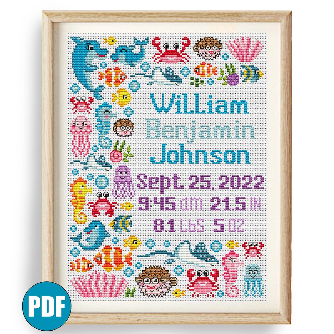 Sea Animals Birth Announcement Cross Stitch Pattern Pdf #166 Baby ...