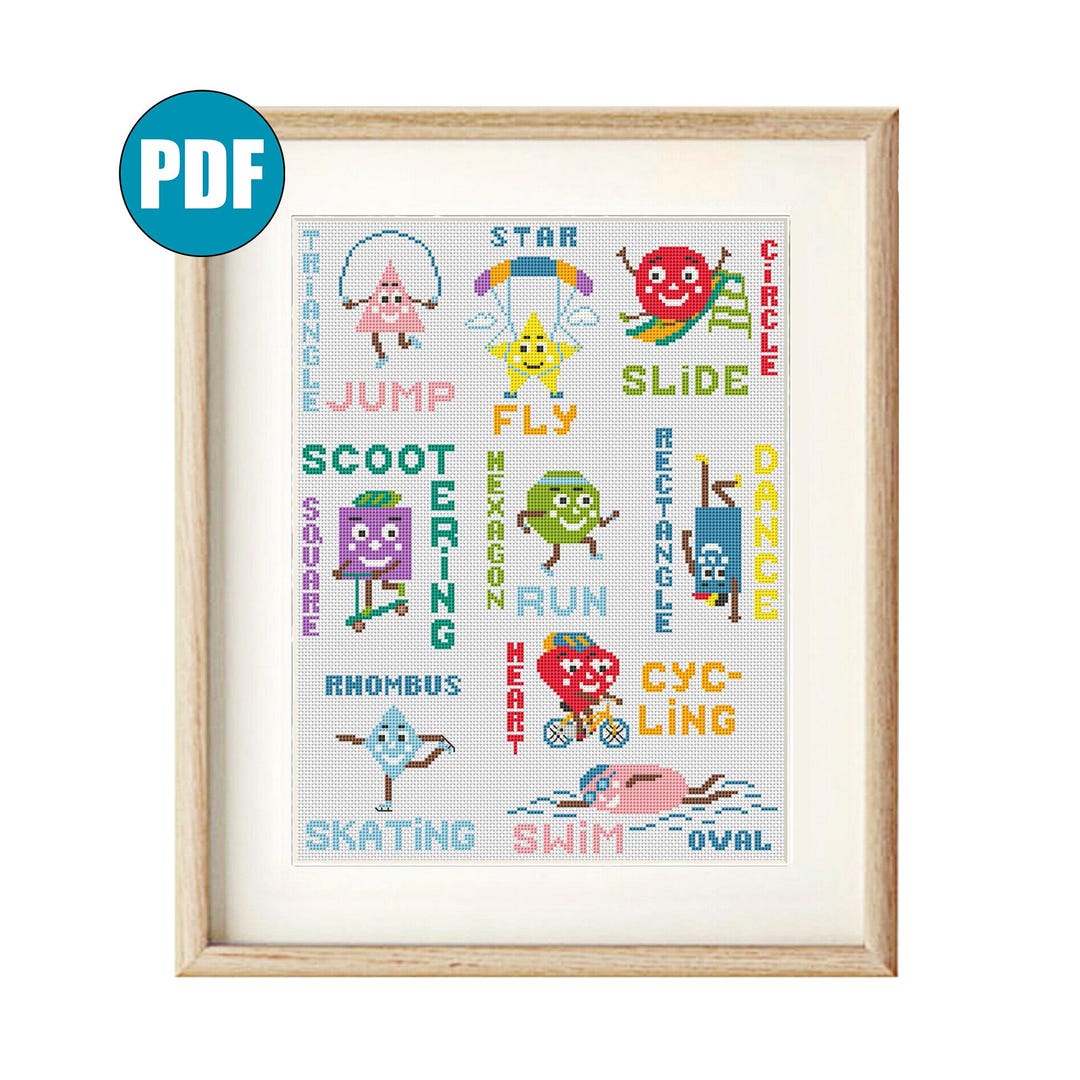 Shapes and Verbs Cross Stitch Pattern Pdf #130 Heart Square Jump Swim ...