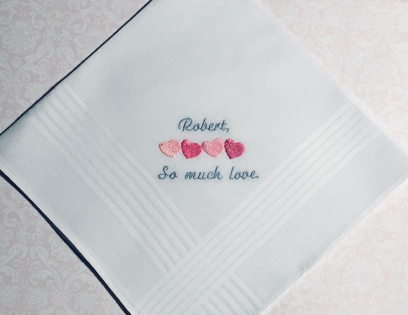 PERSONALIZED EMBROIDERED Mans Handkerchief With Four Hearts and Phrase ...