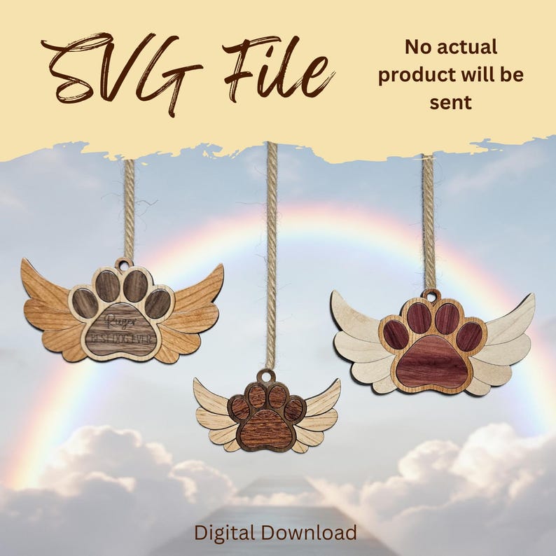 Customizable Wood Grain Paw Print Wings Memorial Layered Ornaments ...