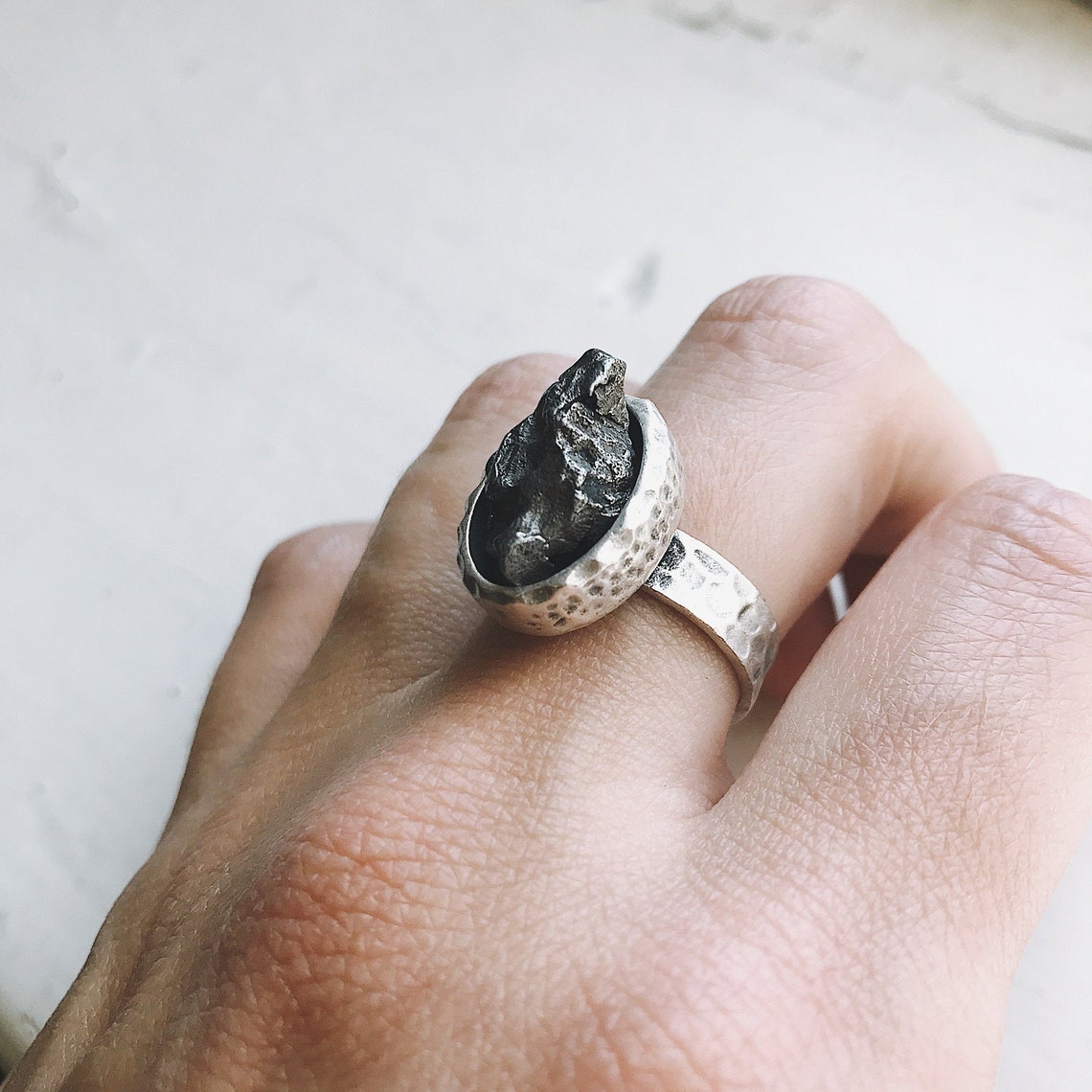 Authentic Meteorite Ring - Silver Oval Adjustable Ring With Raw Genuine ...
