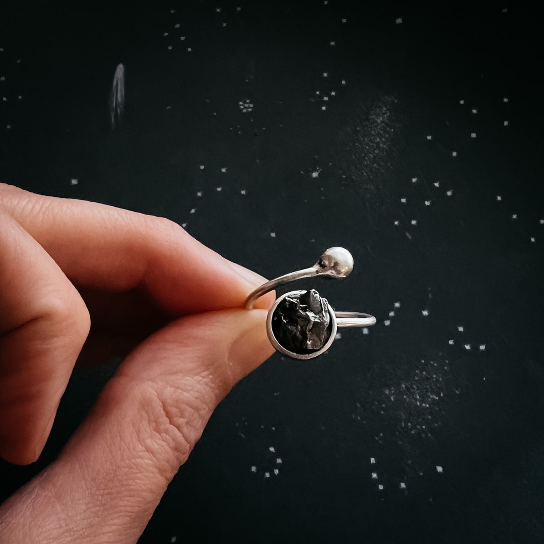 Dainty Authentic Meteorite Ring - Silver Wrap Ring With Round Bezel of ...