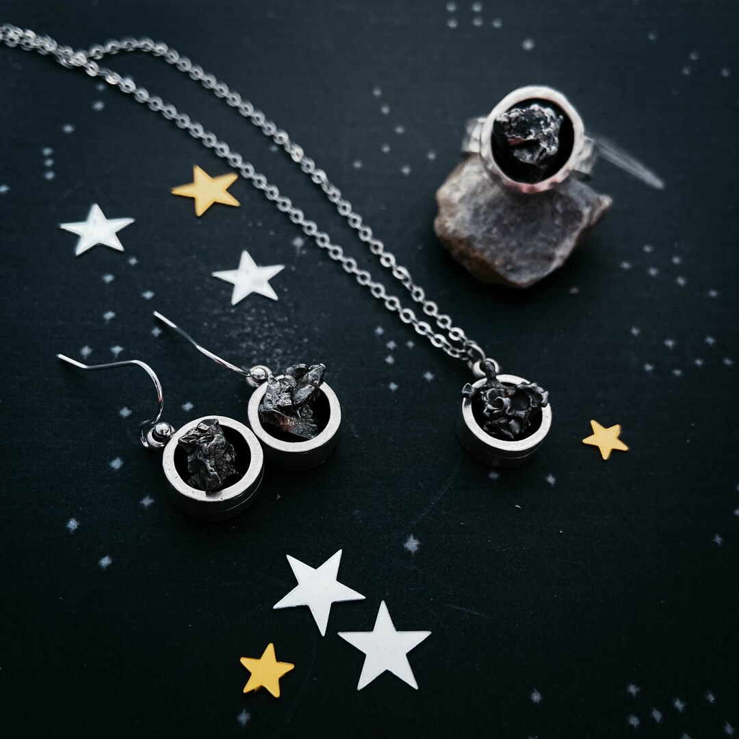 Chunky Round Authentic Meteorite Jewelry Set Earrings, Ring, and ...