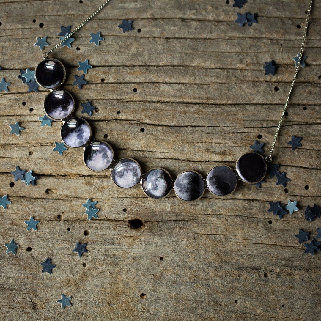 Curved Moon Phase Necklace in Silver - Lunar Phases Bib Pendant in ...