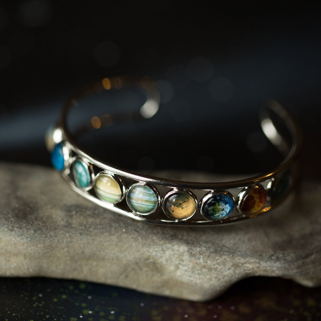 Solar System Silver Bangle Bracelet - Silver Adjustable Open Cuff With ...