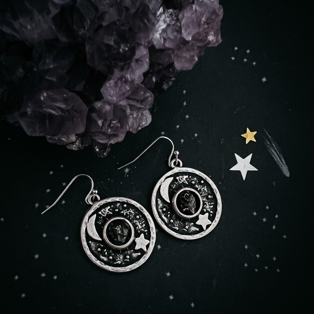 Authentic Meteorite Earrings - Circle Shaped Silver Dangle Earrings ...