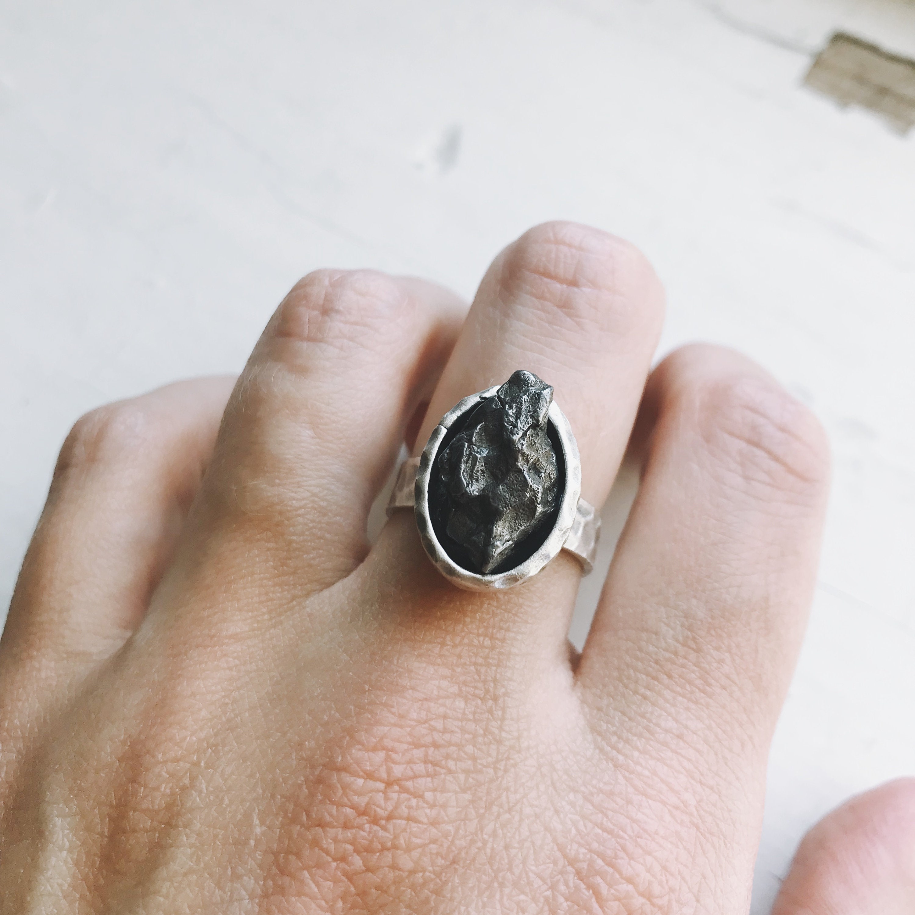 Authentic Meteorite Ring - Silver Oval Adjustable Ring With Raw Genuine ...