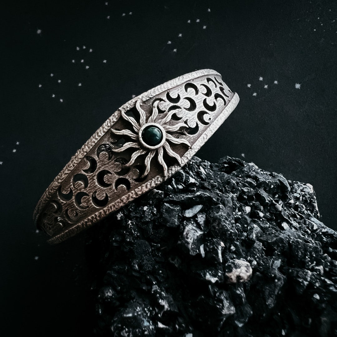 Solar Eclipse Cuff Bracelet With Black Opal - Gold or Silver Sunburst ...