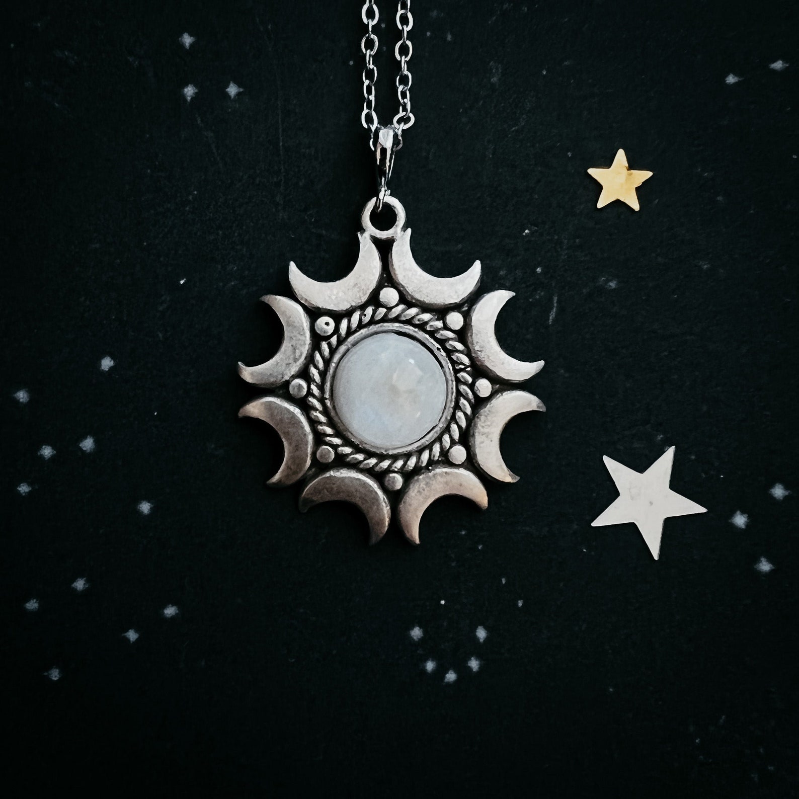 Lunar Witch Necklace - Rainbow Moonstone Pendant - Silver or Gold ...