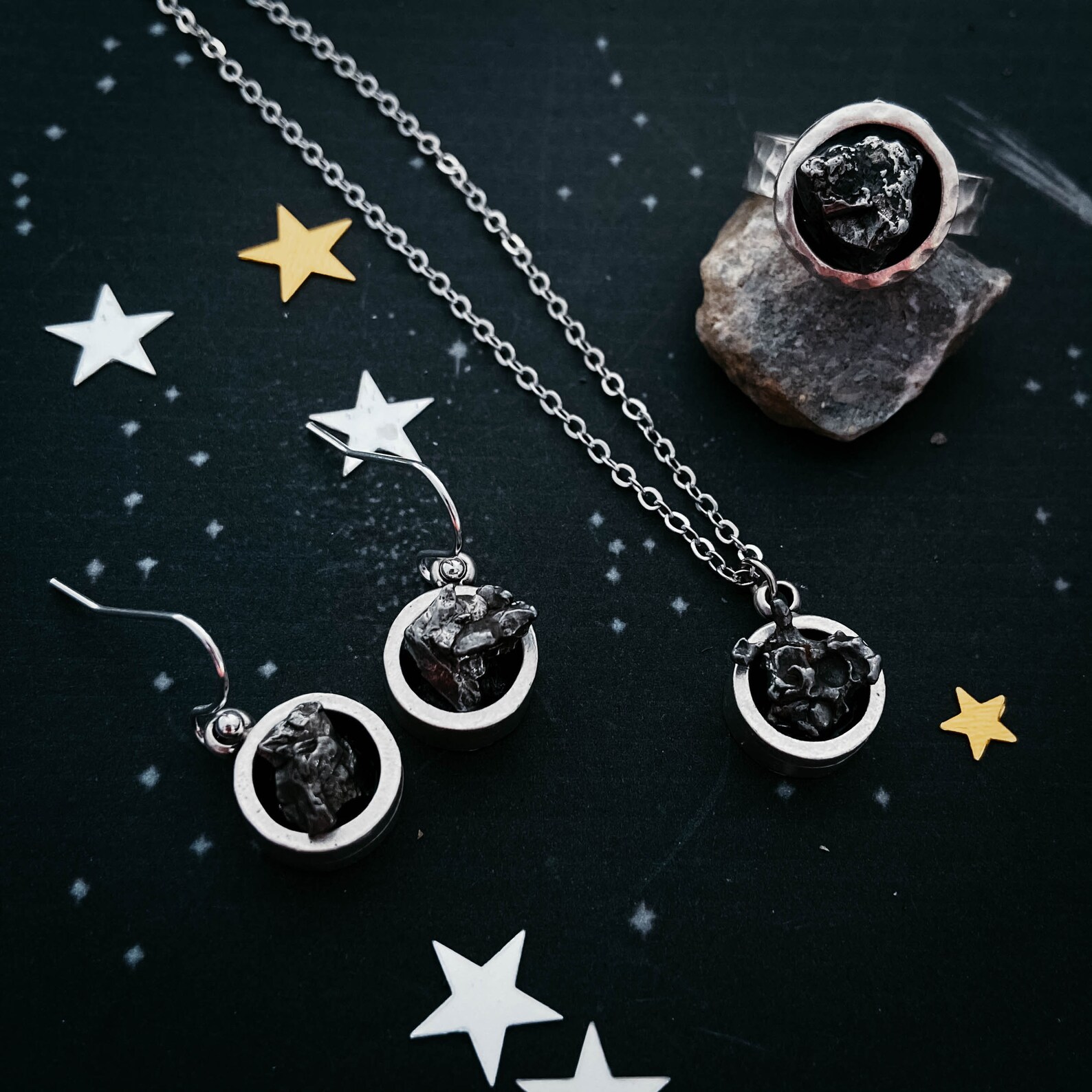 Small Chunky Round Meteorite Jewelry Set Authentic Meteorite - Etsy