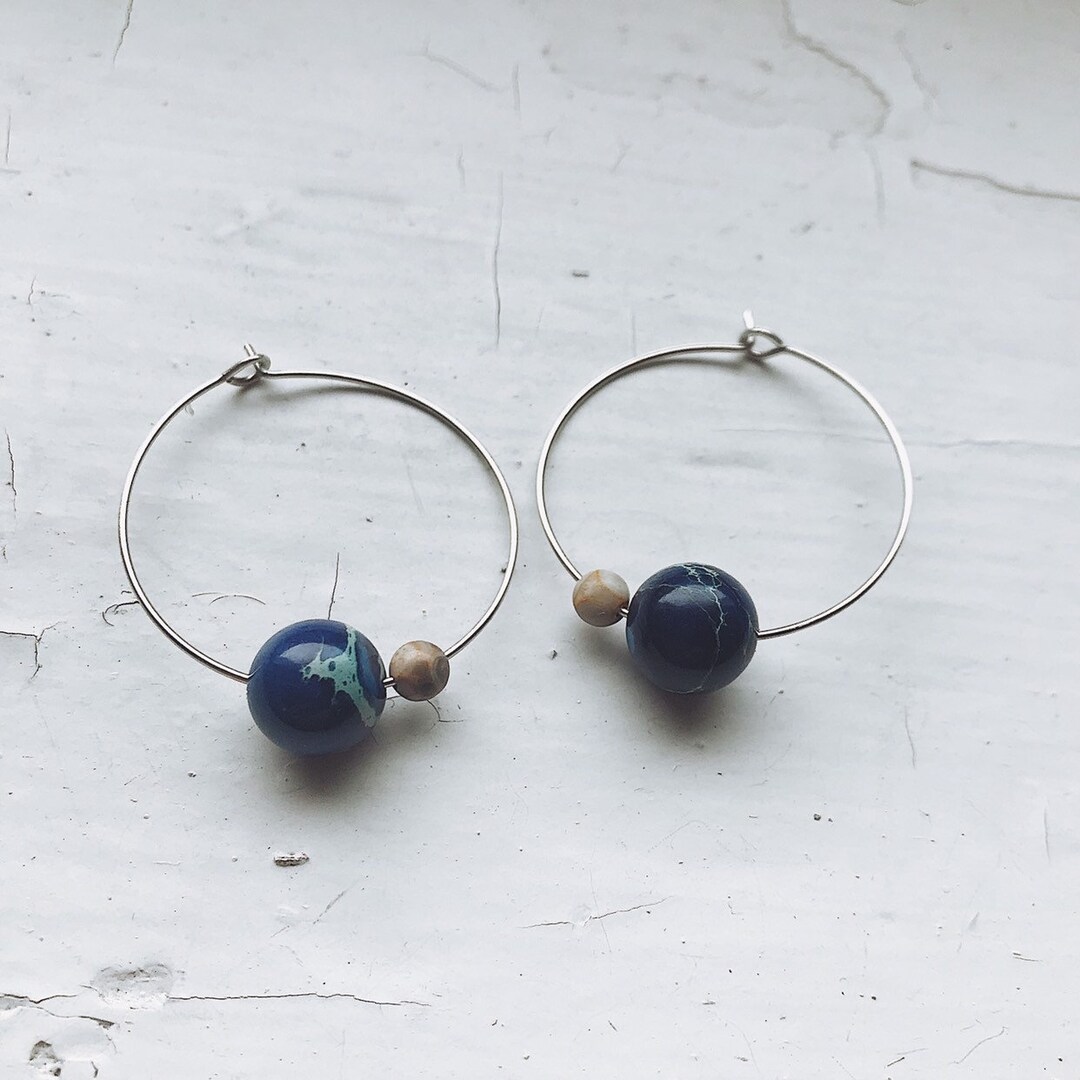 Earth and Moon Jasper Bead Hoop Earrings - Planetary Cosmic Earrings ...