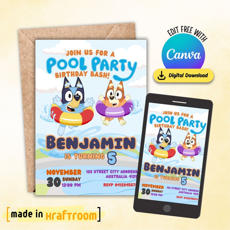 Blue Dog Pool Party Editable Digital Birthday Invitation - Etsy