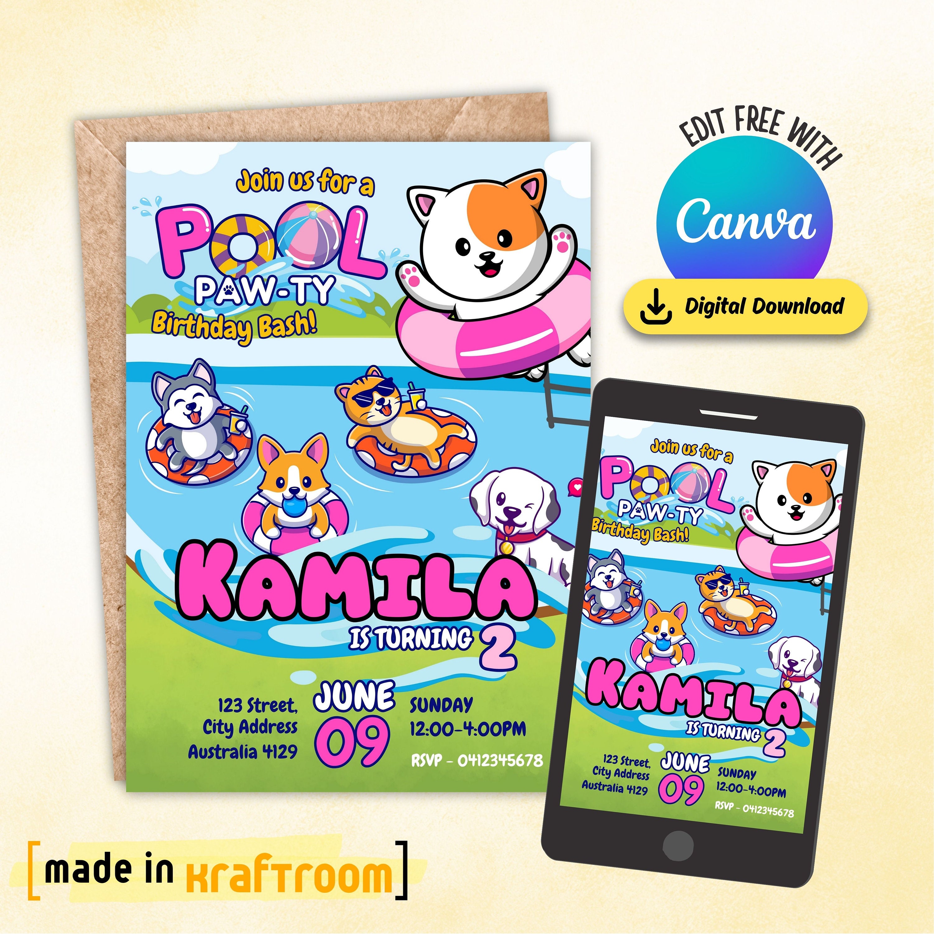 Dog Pool Party Invitation, Editable Paw-ty Invite - Etsy