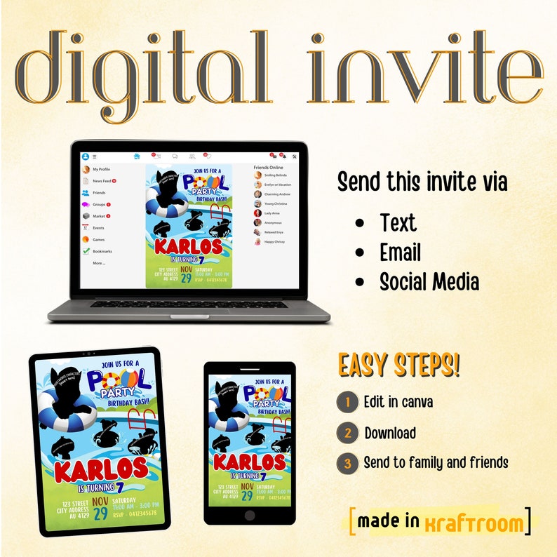 Kids Pool Party Birthday Invitation, Digital Editable Invite, Blue ...