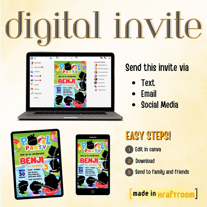 Baby Pool Party Editable Digital Invitation, Kids Birthday Party Invite ...