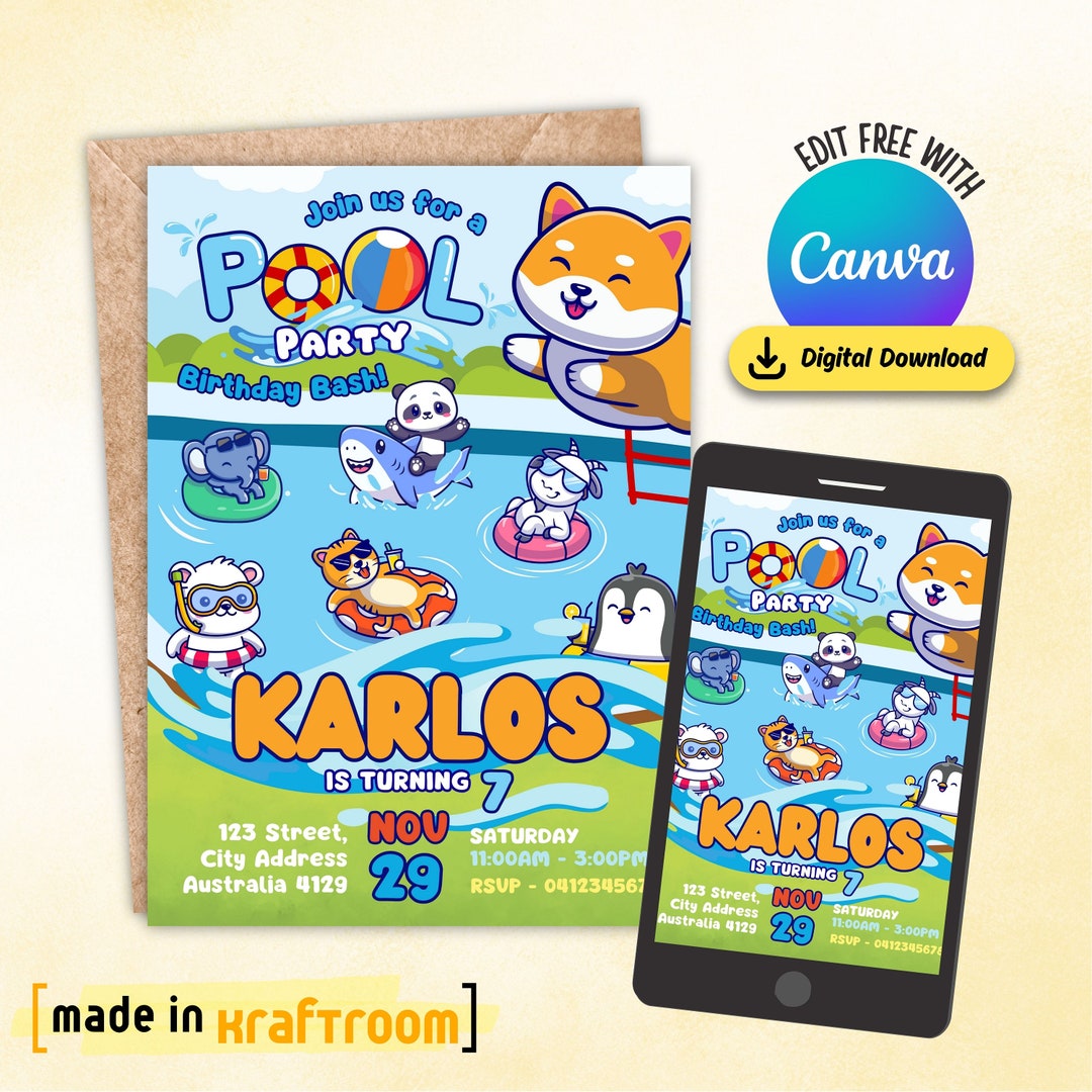 Pool Party Animal Editable Digital Invitation - Etsy