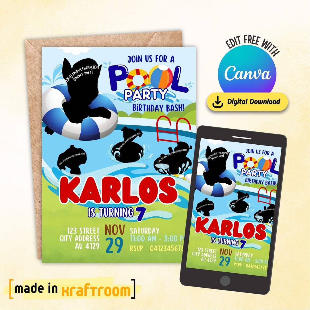 Kids Pool Party Birthday Invitation, Digital Editable Invite, Blue ...