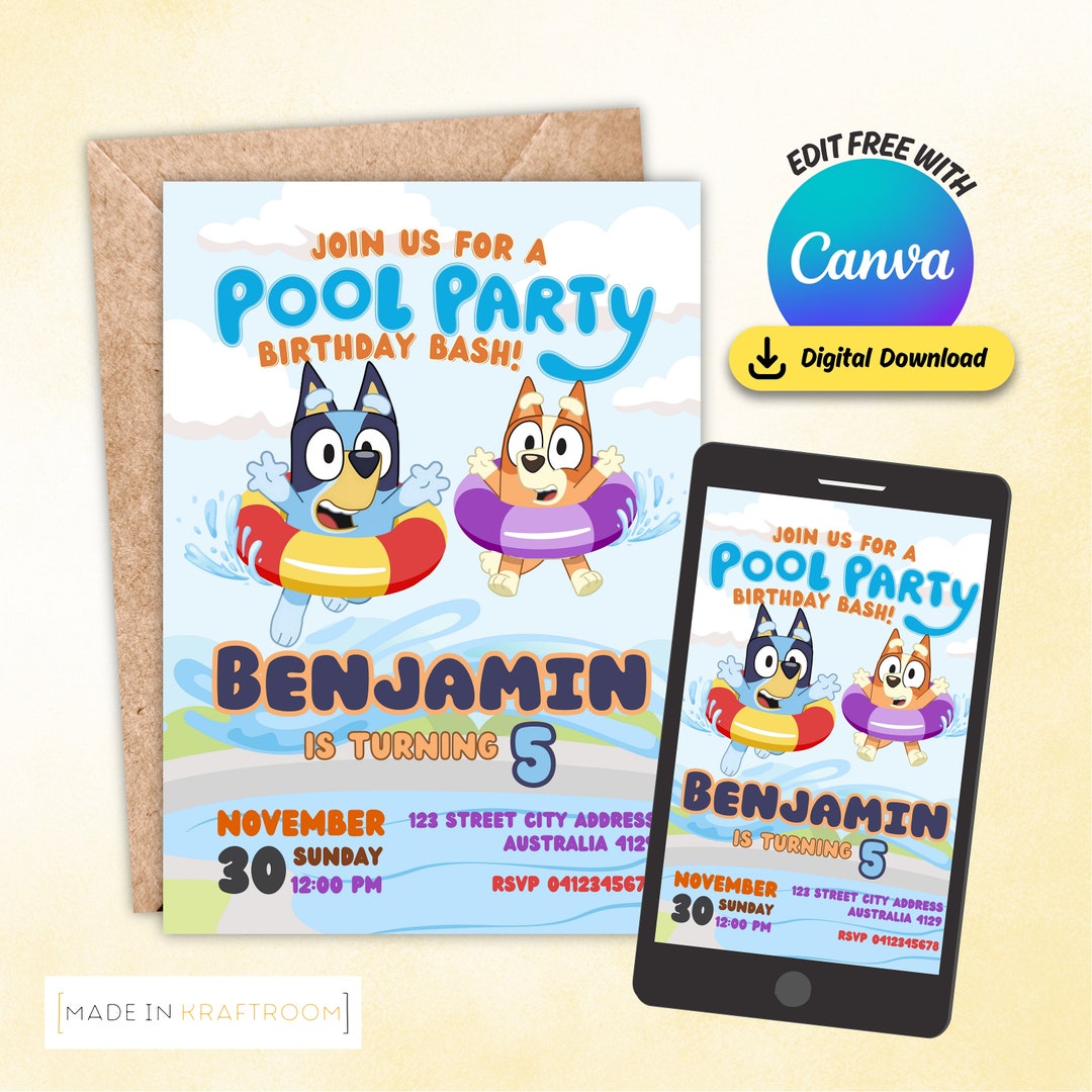 Blue Dog Pool Party Editable Digital Birthday Invitation - Etsy