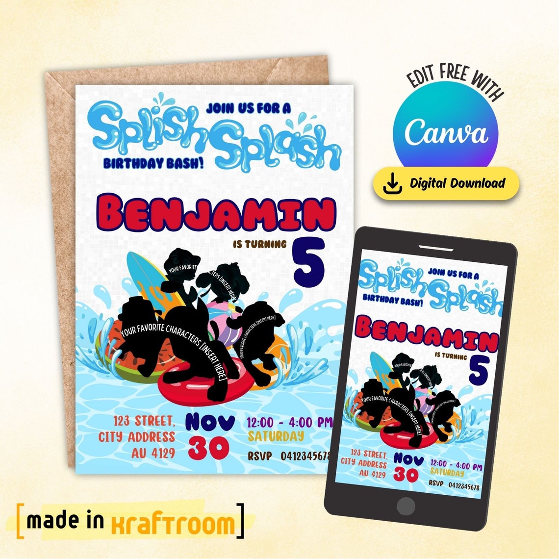 Kids Pool Party Birthday Invitation, Digital Editable Invite, Splish ...