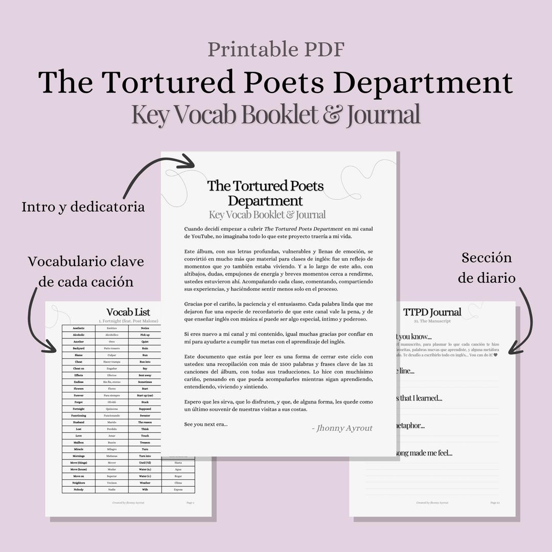 Taylor Swift Tortured Poets Vocabulary: Spanish Translation (PDF) - Etsy