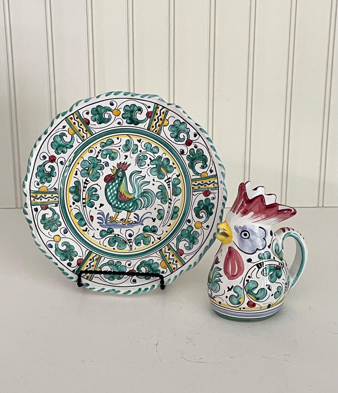 Vintage Deruta Rooster Plate & Pitcher Set: Hand-painted Italian ...