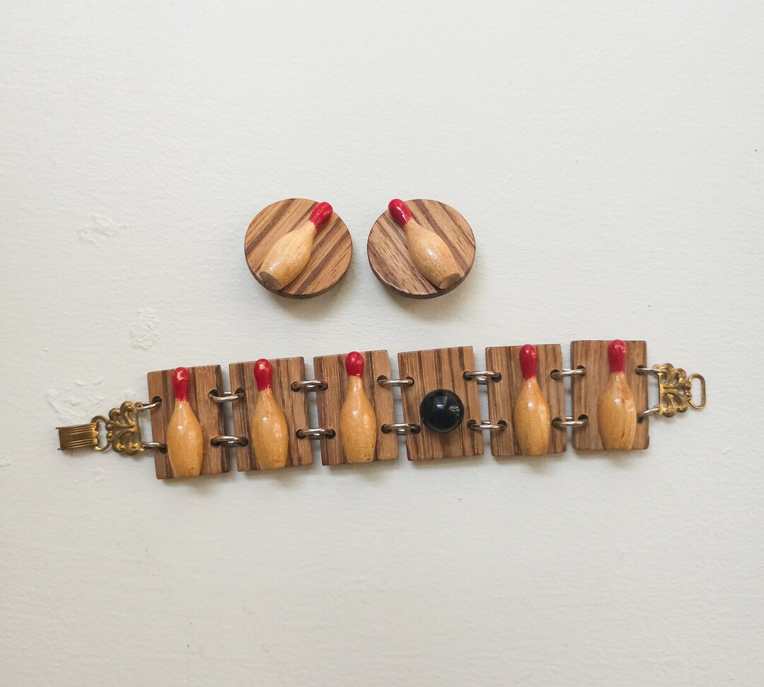 1940s Wood Panel Bowling Bracelet and Earrings Set - Etsy