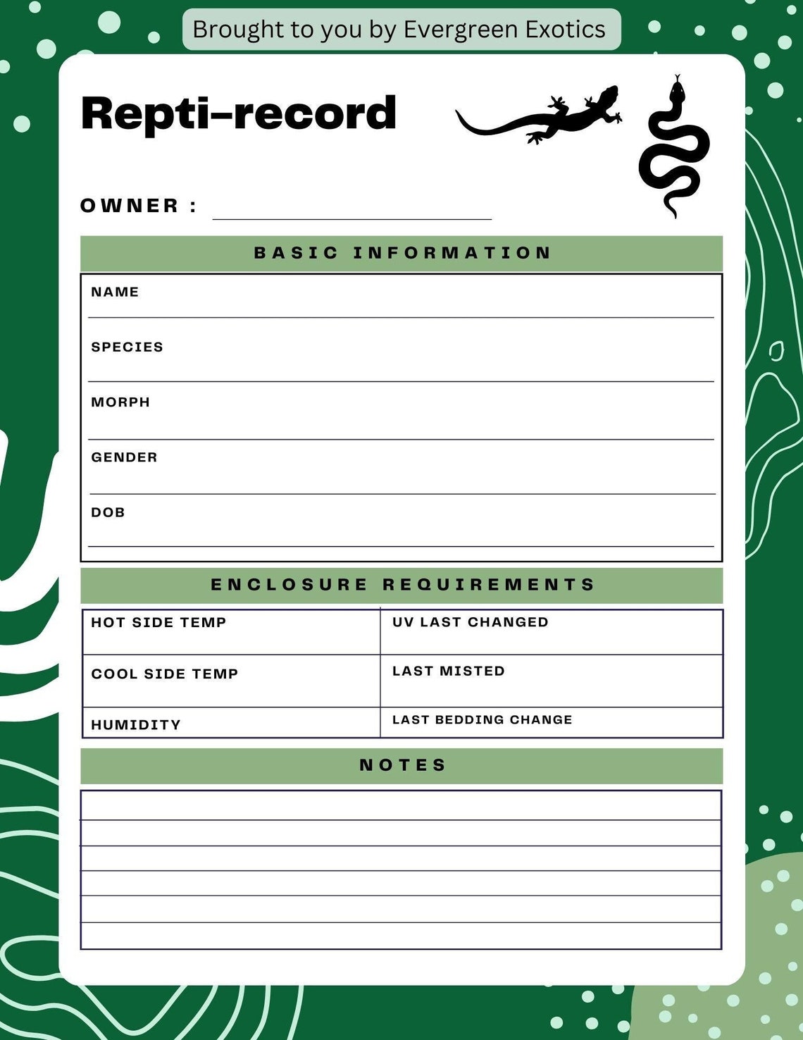 Printable Reptile Record - Etsy