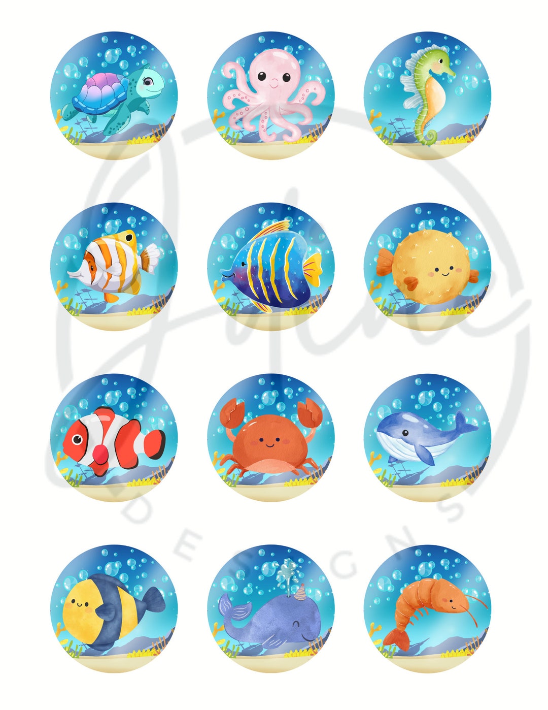 Printable Under the Sea Cupcake Topper, Digital Sea Animals Cake Topper ...