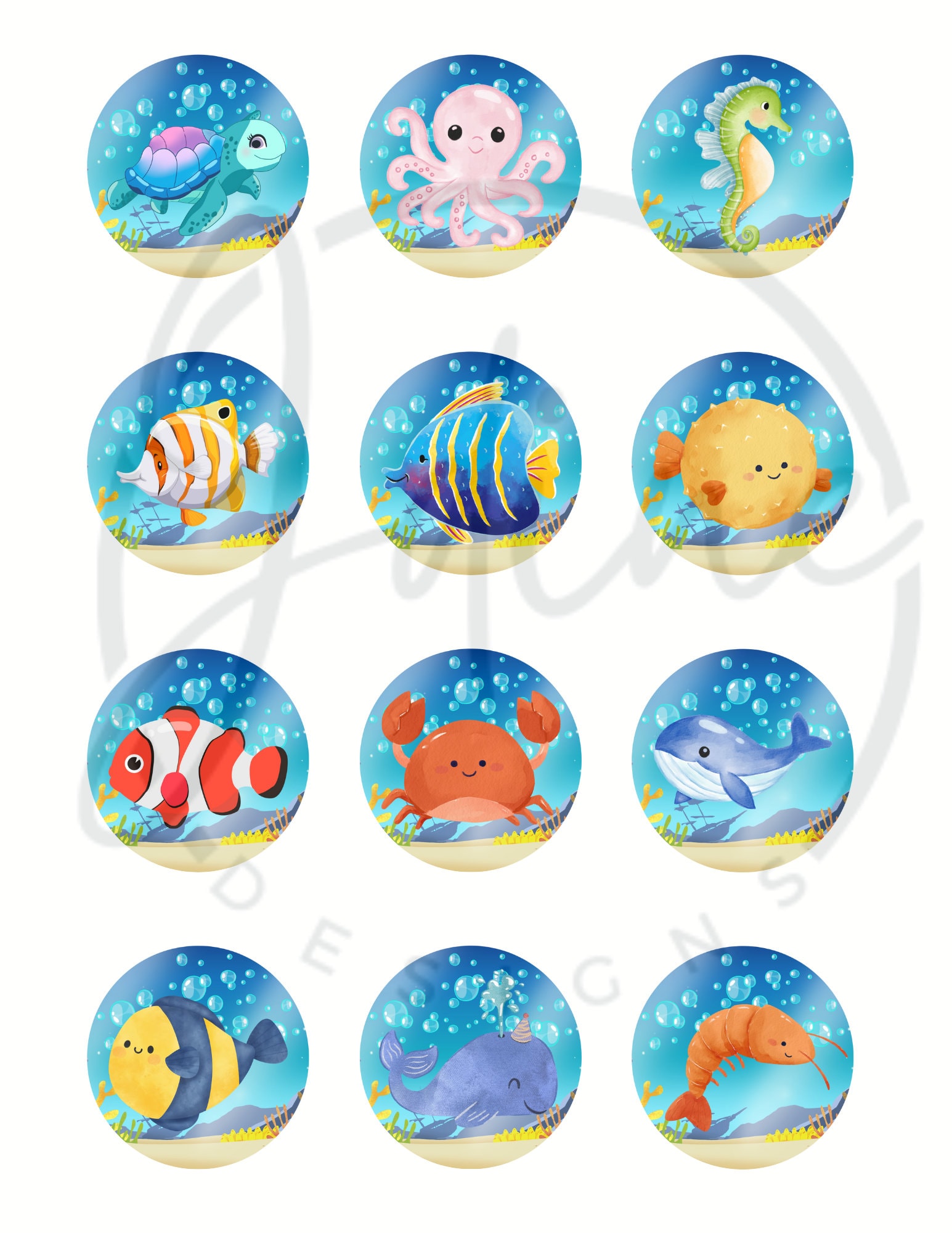 Printable Under the Sea Cupcake Topper, Digital Sea Animals Cake Topper ...