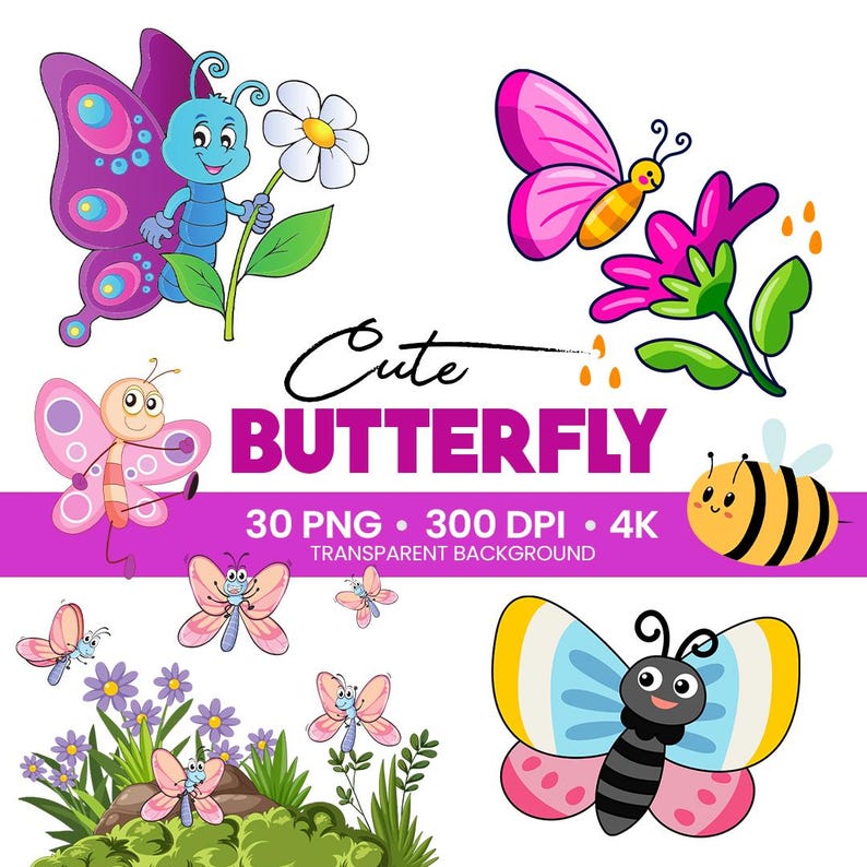 30 Cute Butterfly Clipart Bundle, Butterfly PNG Graphics | Funny ...