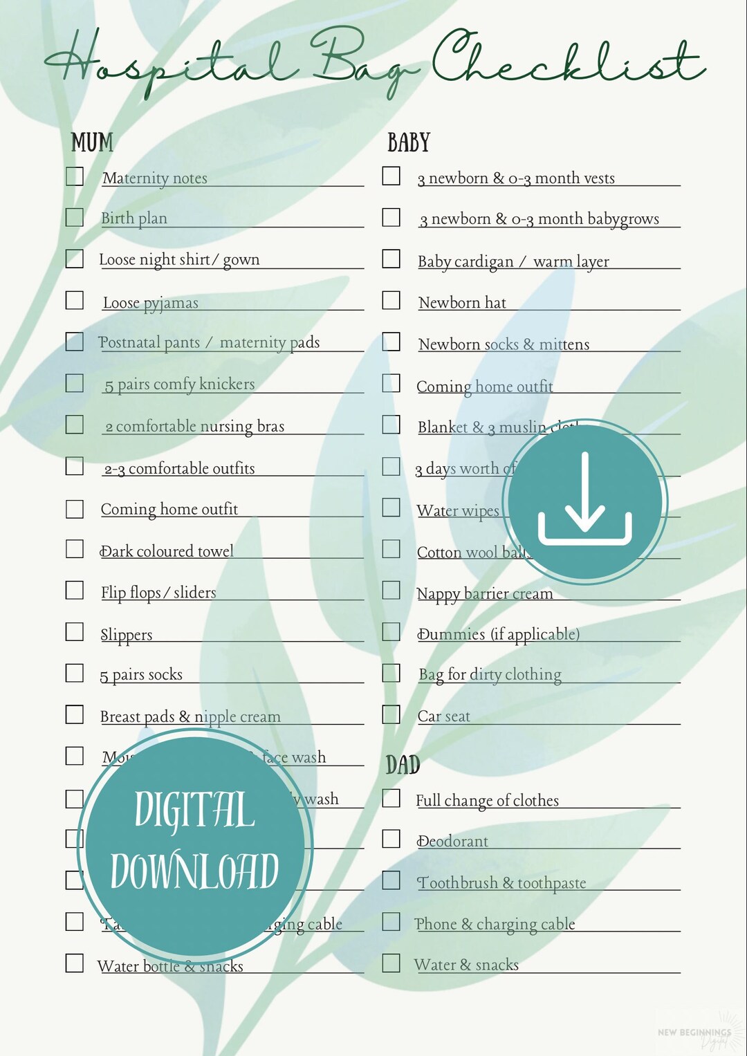Hospital Bag Checklist Nature Theme - Etsy