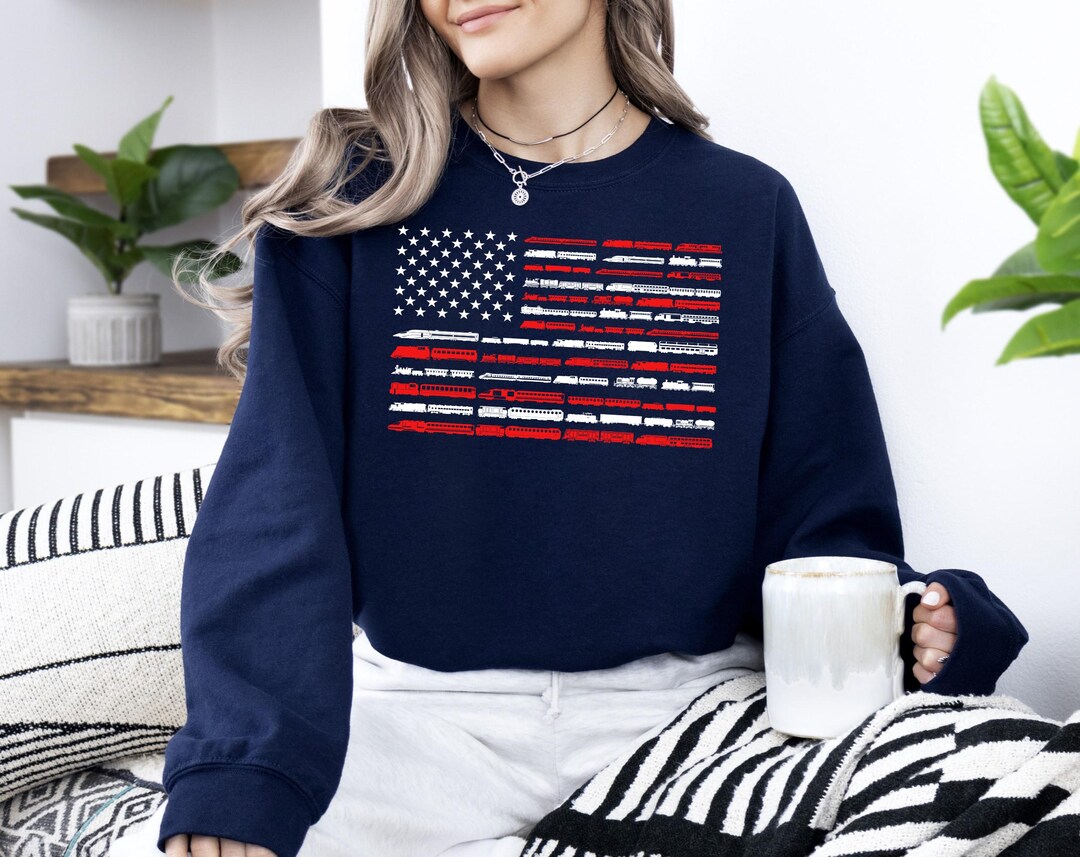 American Flag Train Sweatshirt, Patriotic Train Sweatshirt, Railroad ...