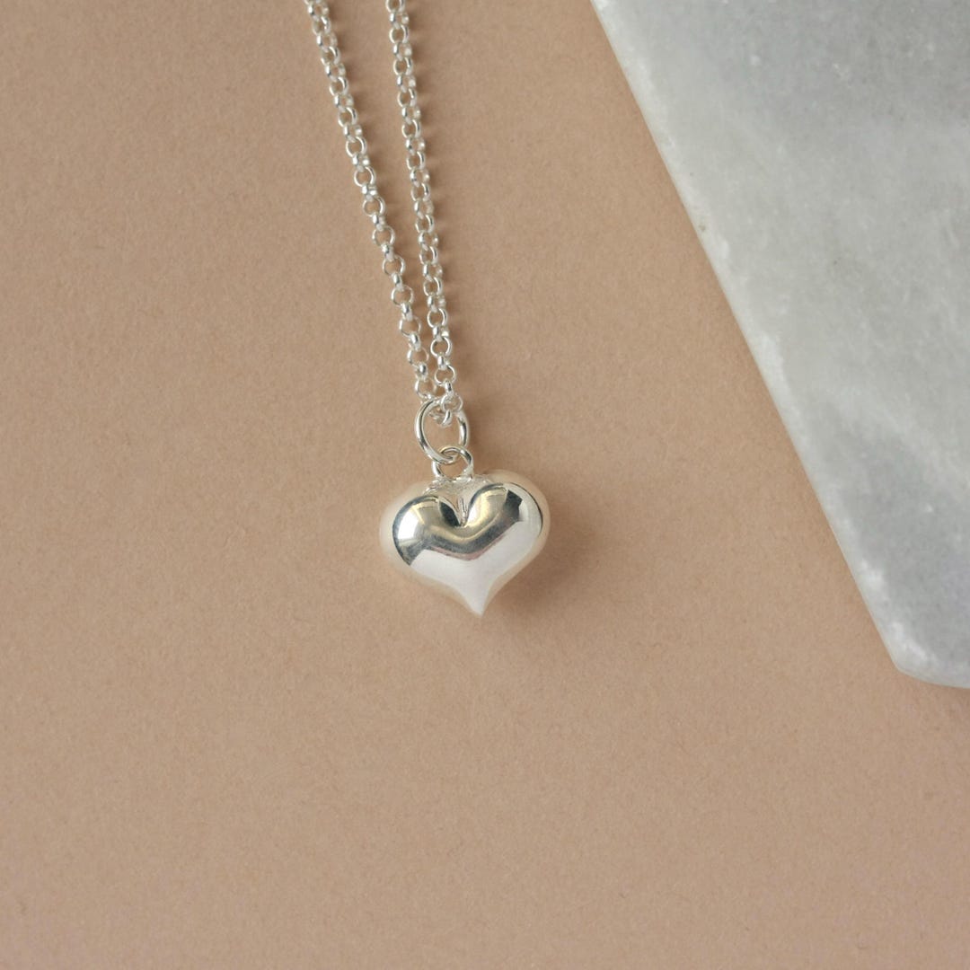 Sterling Silver Puffed Heart Necklace, Shiny 3D Hollow Heart, Romantic ...